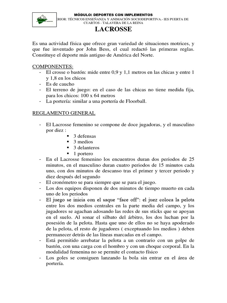 Reglas y Componentes del Lacrosse e Intercrosse | PDF | Lacrosse | Deportes