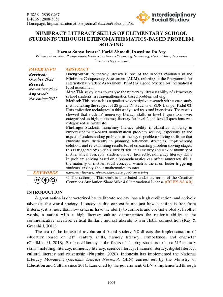 Numeracy Literacy Skills of Elementary School Stud | PDF | Literacy | Learning