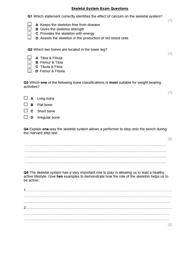 Skeletal System Exam Questions and Answers | PDF | Skeleton | Bone