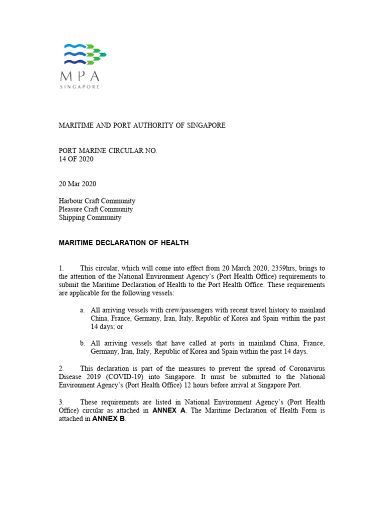 Port Circular Maritime Declaration of Health PC20 014 | PDF | Personal ...