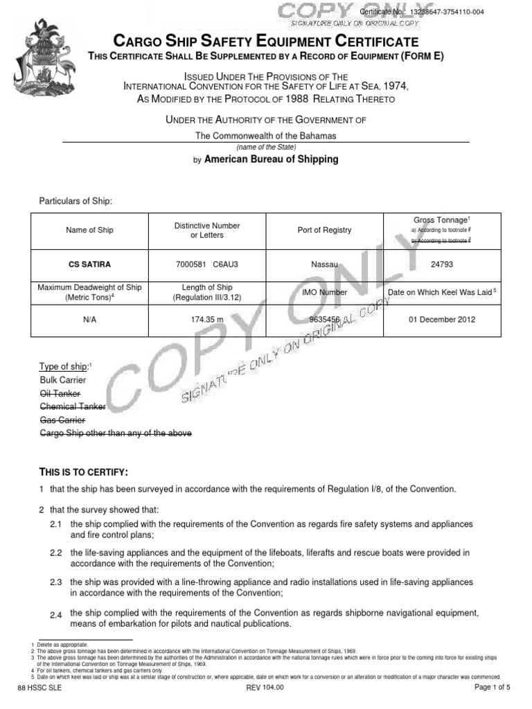 CS0005A-Safety Equipment Certificate | PDF | Ships | Water Transport