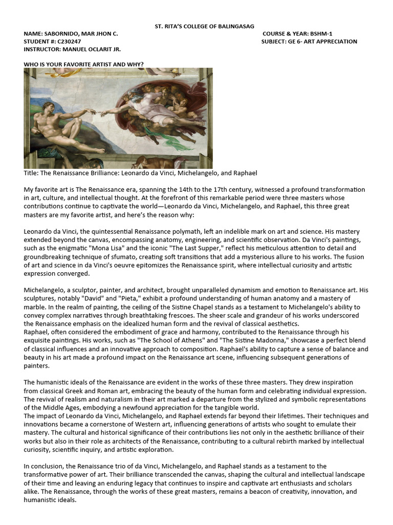 Art Appreciation - Assignment 1 | PDF | Renaissance | Raphael