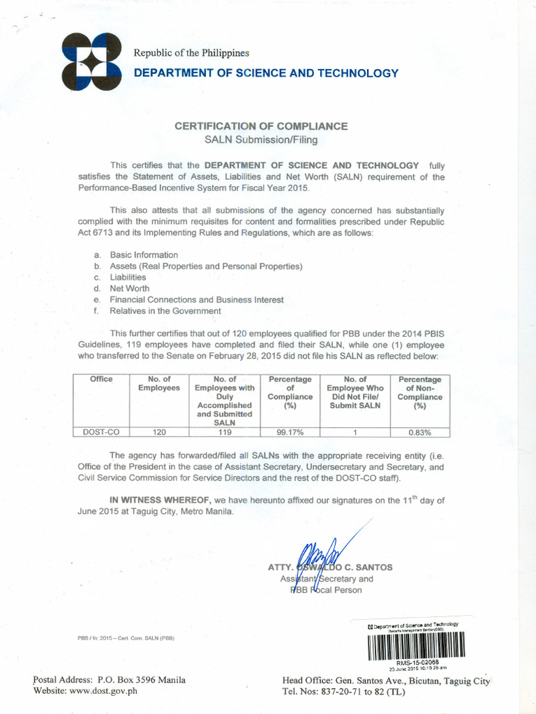 2015 Statement of Assets Liabilities and Net Worth SALN - Certificate ...