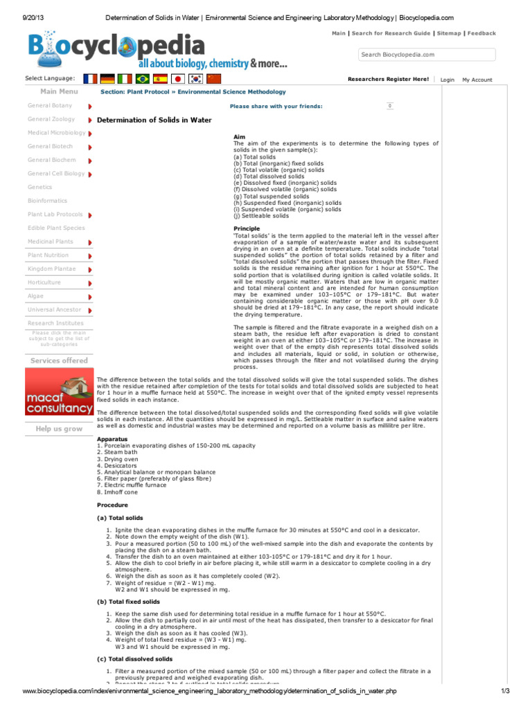 Determination of Solids in Water - Environmental Science and ...
