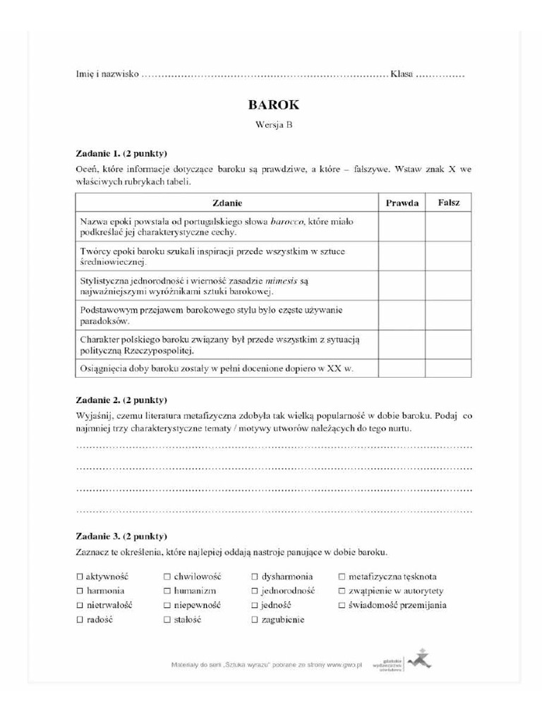 Klasowka - Barok - Klasa 2 | PDF