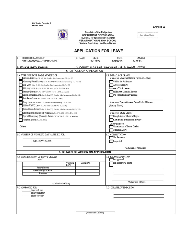 CS Form No. 6, Revised 2020 (Application For Leave) (Secured) | PDF ...