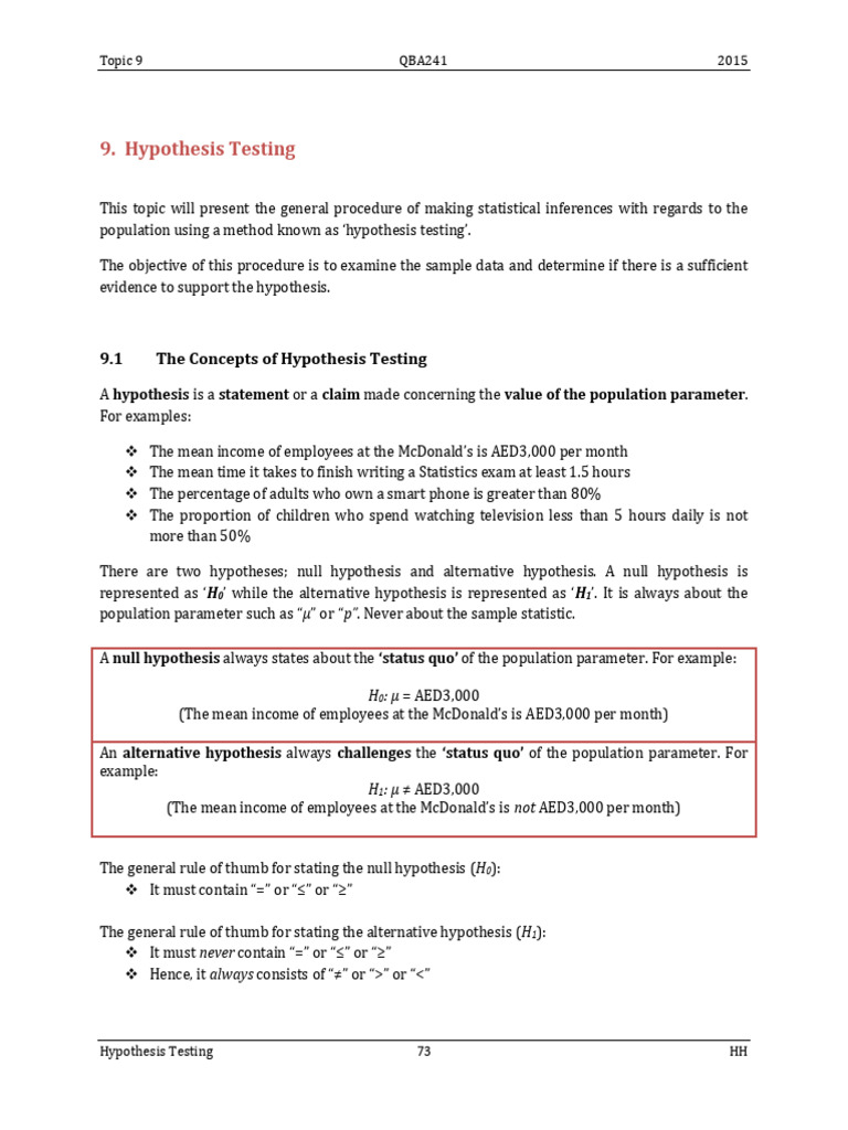 Topic 9 Hypothesis Testing | PDF | Hypothesis | Statistical Hypothesis ...