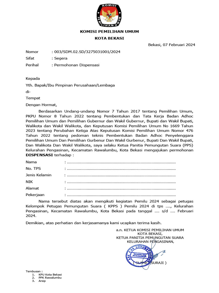 Surat Dispensasi KPPS PEMILU 2024 | PDF Surat Dispensasi KPPS PEMILU 2024 | PDF