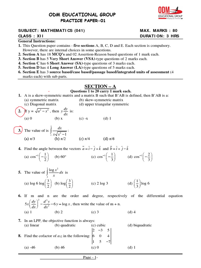 Practice Paper-01_Maths | PDF | Matrix (Mathematics) | Abstract Algebra