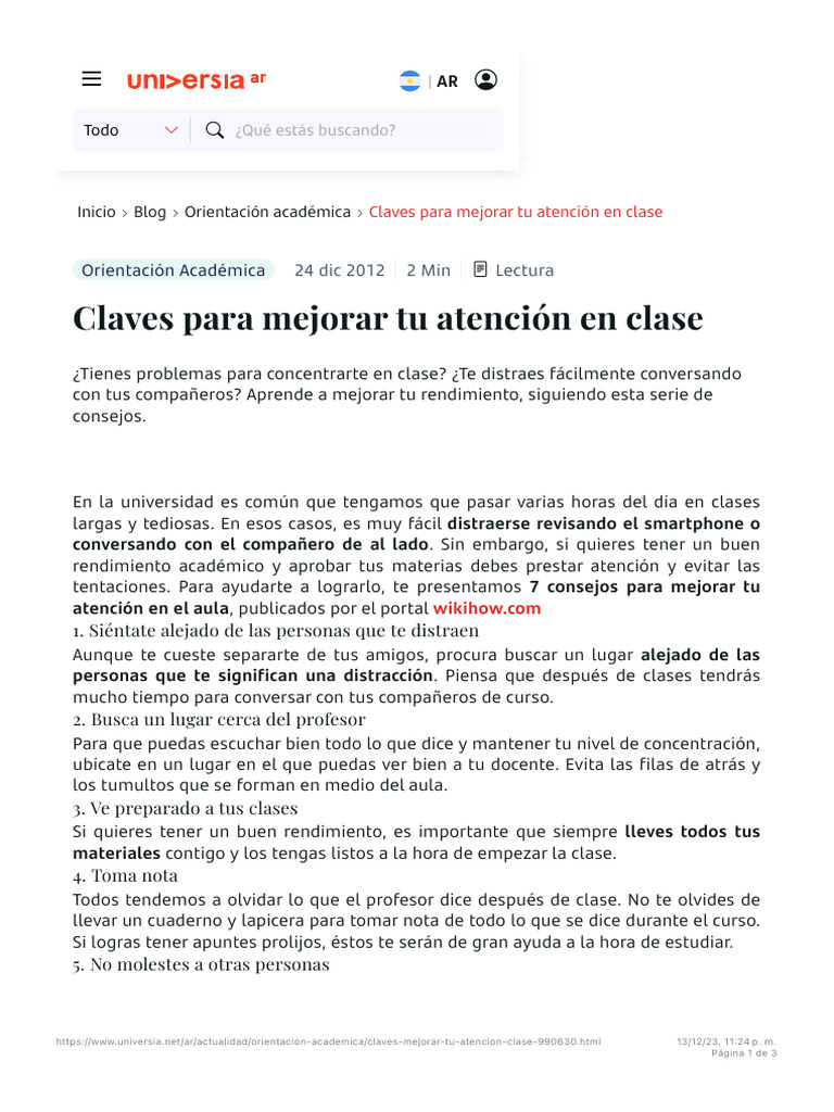 Claves para Mejorar Tu Atención en Clase | PDF