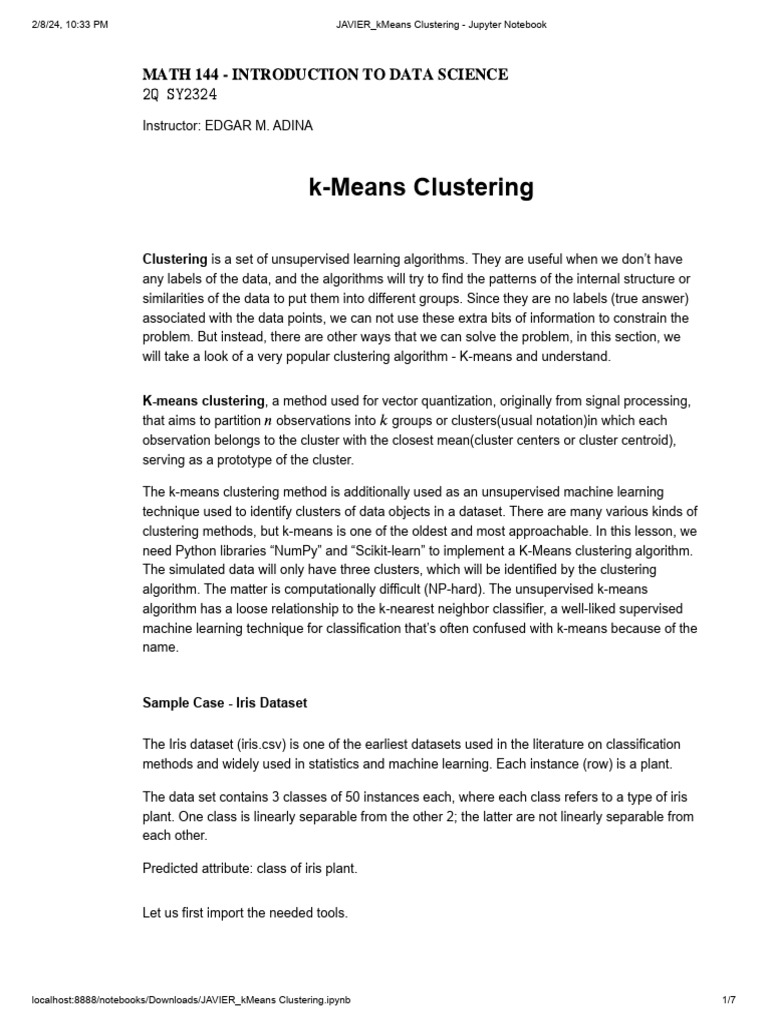 Javier Kmeans Clustering Jupyter Notebook 1 Pdf Cluster Analysis Computing