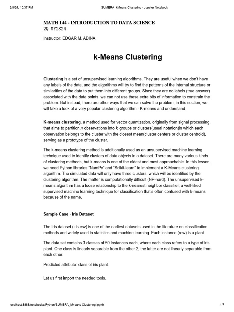 Data Science: K-Means Clustering | PDF | Cluster Analysis | Machine Learning
