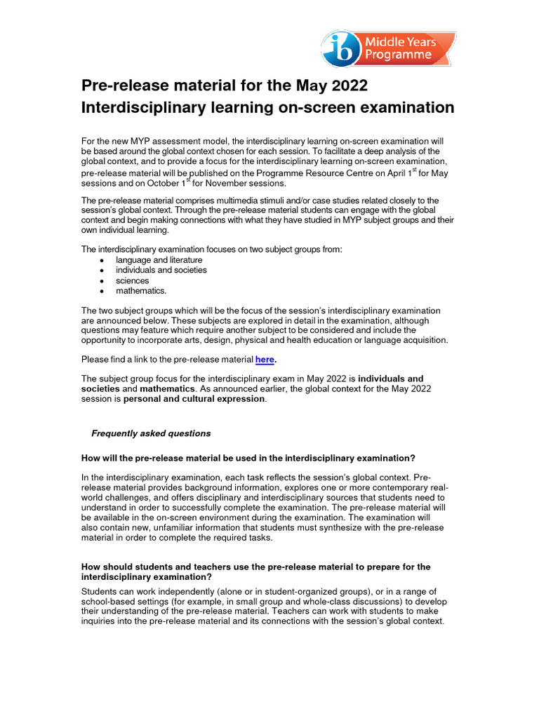 May 2022 IB MYP Pre-Release Material | PDF | Interdisciplinarity ...