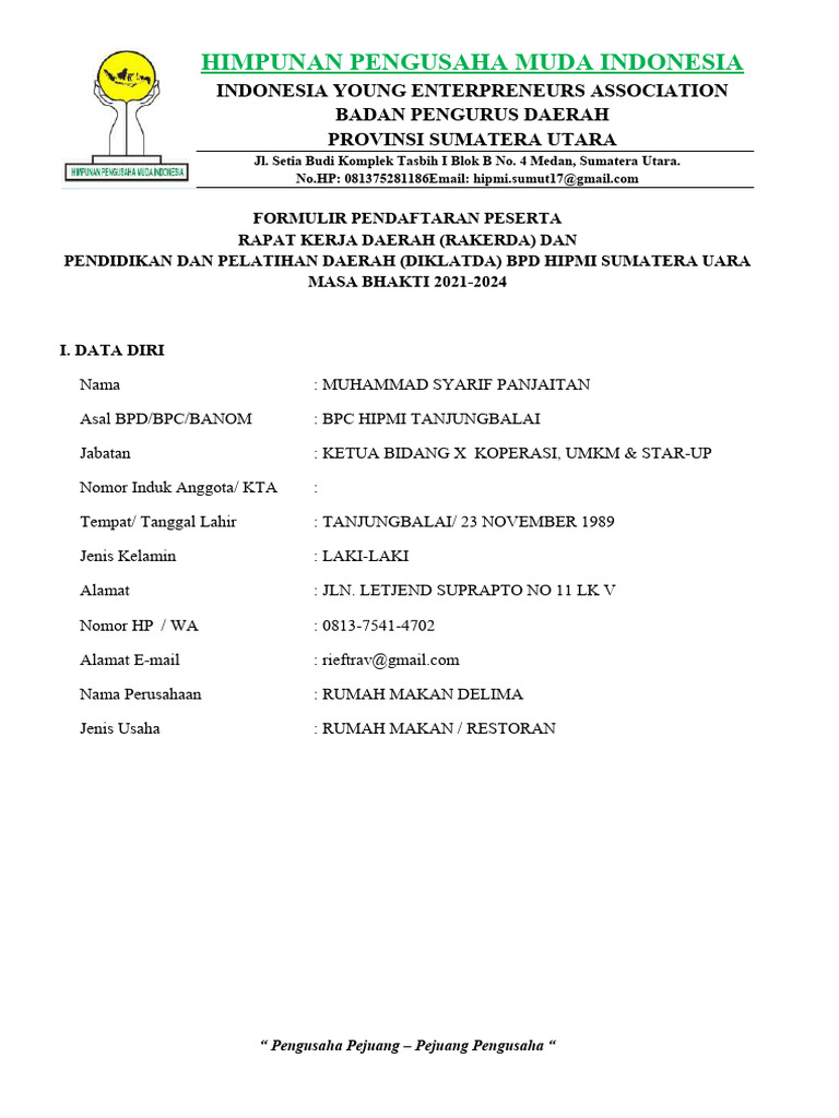 (Lampiran 1) FORMULIR PENDAFTARAN PESERTA RAKERDA DAN DIKLATDA | PDF