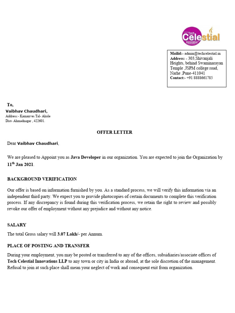 Offer Letter for Vaibhav Chaudhari | PDF | Employment | Business