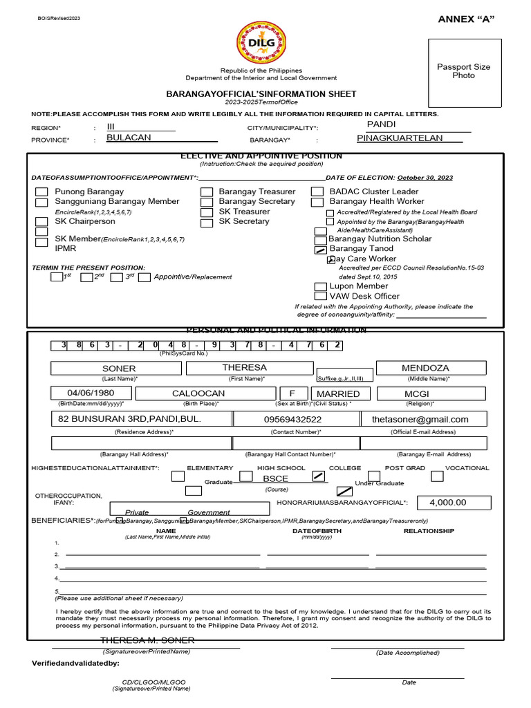 Barangay Official's Information Sheet 2023 | PDF