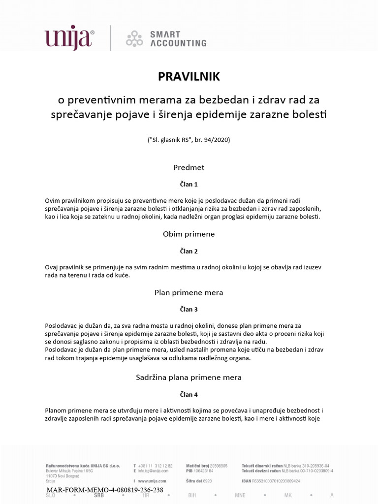 Pravilnik o Preventivnim Merama Za Bezbedan I Zdrav Rad Za Sprečavanje Pojave Širenja Epidemije ...