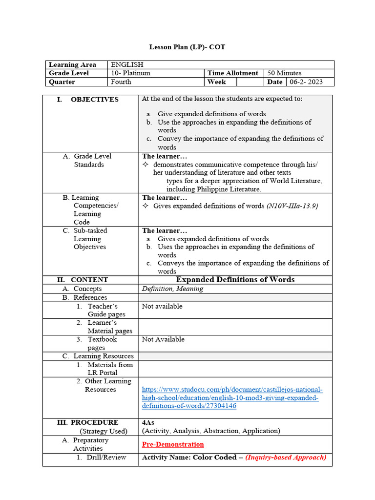 Lesson Plan 2 | PDF | Learning | Definition