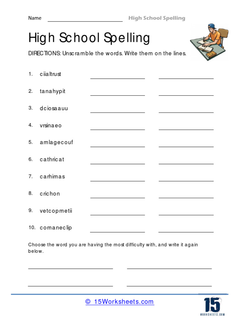 High School Spelling: DIRECTIONS: Unscramble The Words. Write Them On ...