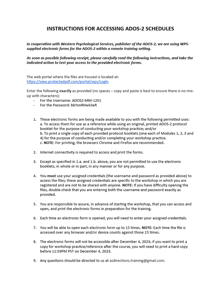 ADOS-2 Schedule Instructions 1-2 Dec | PDF | Password | World Wide Web