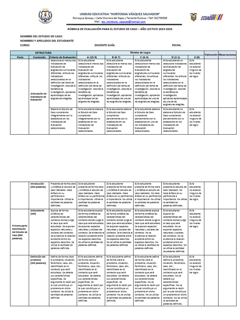 Rúbrica - Examen de Grado - Estudio de Caso - Bachillerato en Ciencias ...