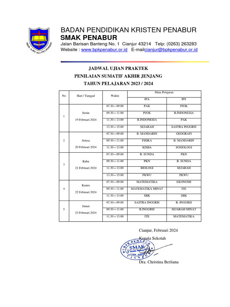 Jadwal Ujian SMAK Penabur 2024 | PDF