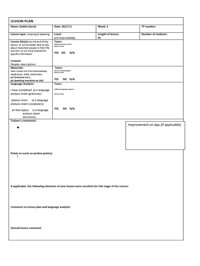 Lesson Plan TP1 | PDF | Lesson Plan | Adjective