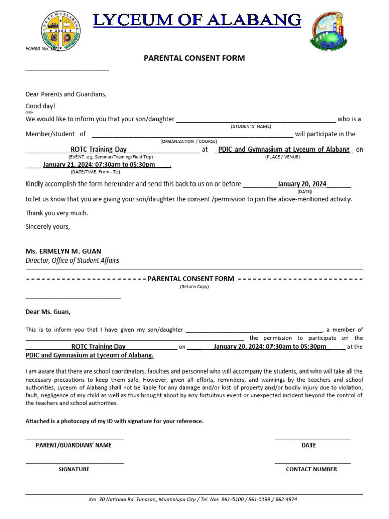 Parental Consent Form for ROTC Training | PDF | Private Law | Justice