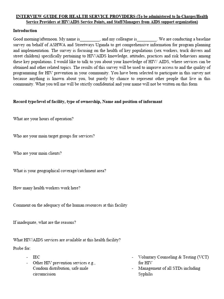 Interview Guide For Health Service Providers Key Informants | PDF | Hiv ...
