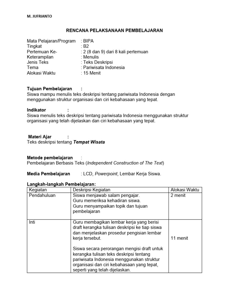 RPP BIPA: Menulis Deskripsi Wisata | PDF | Karier & Perkembangan | Seni & Disiplin Bahasa