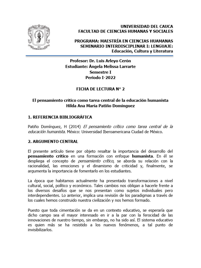FICHA DE LECTURA EL PENSAMIENTO CRÍTICO, PATIÑO DOMINGUEZ | PDF ...
