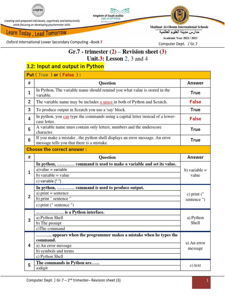 Computer Dept-Gr.7-2nd Trimester-Revision Sheet | PDF | Data Type | Programming