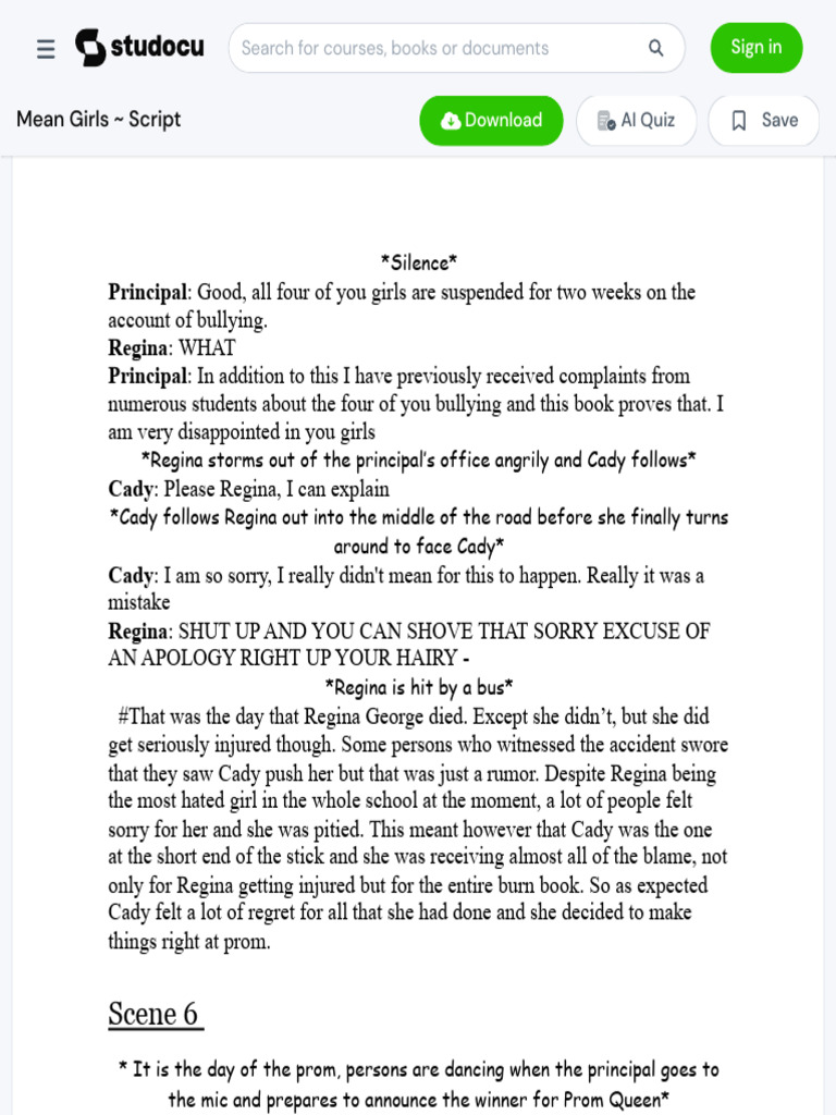 Mean Girls ~ Script Mean Girls Script Scene 1 Somewhere In The Suburbs Of Illinois A Girl
