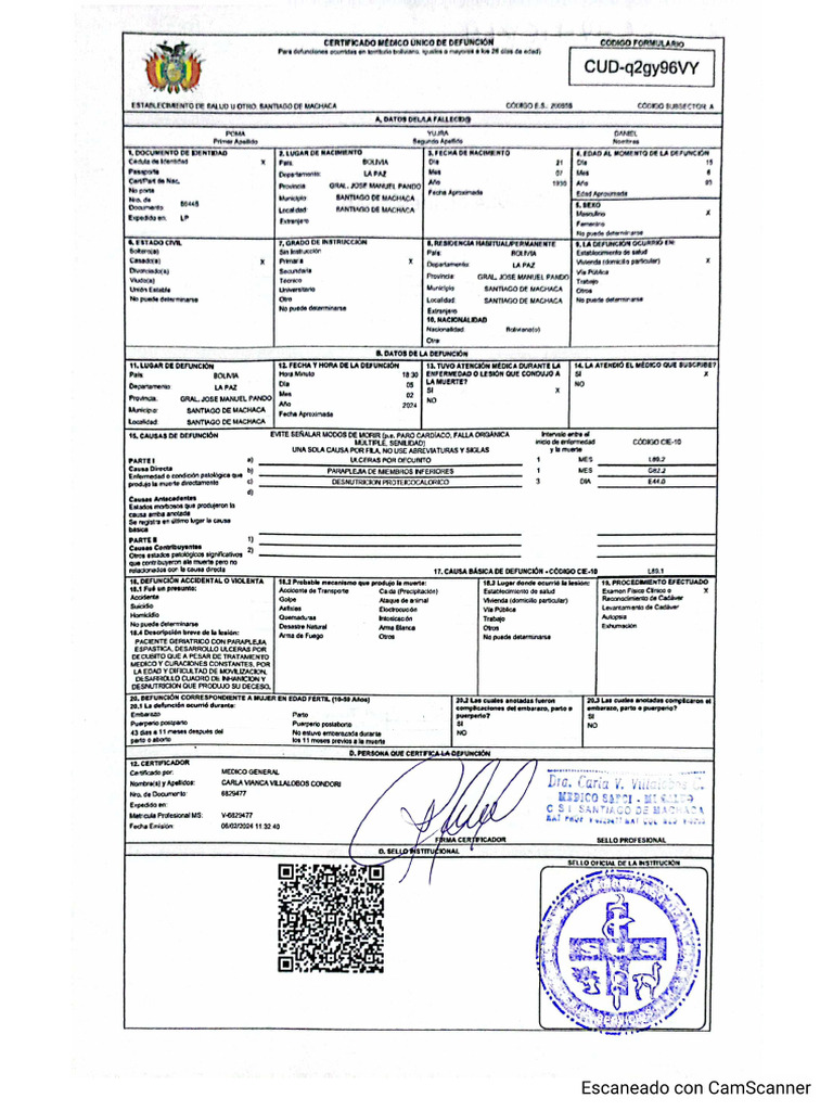 Certificado de Defunción Daniel Poma Yujra | PDF