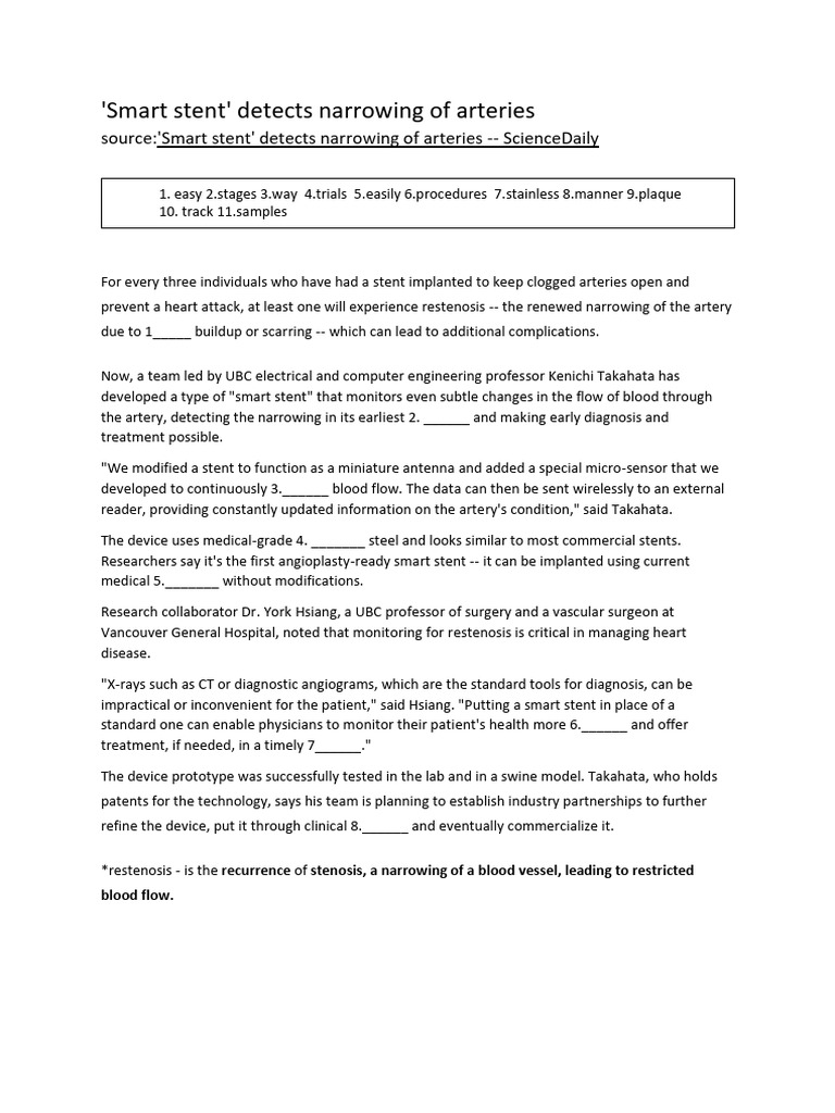 Smart Stent Detects Narrowing of Arteries | PDF | Stent | Medical ...