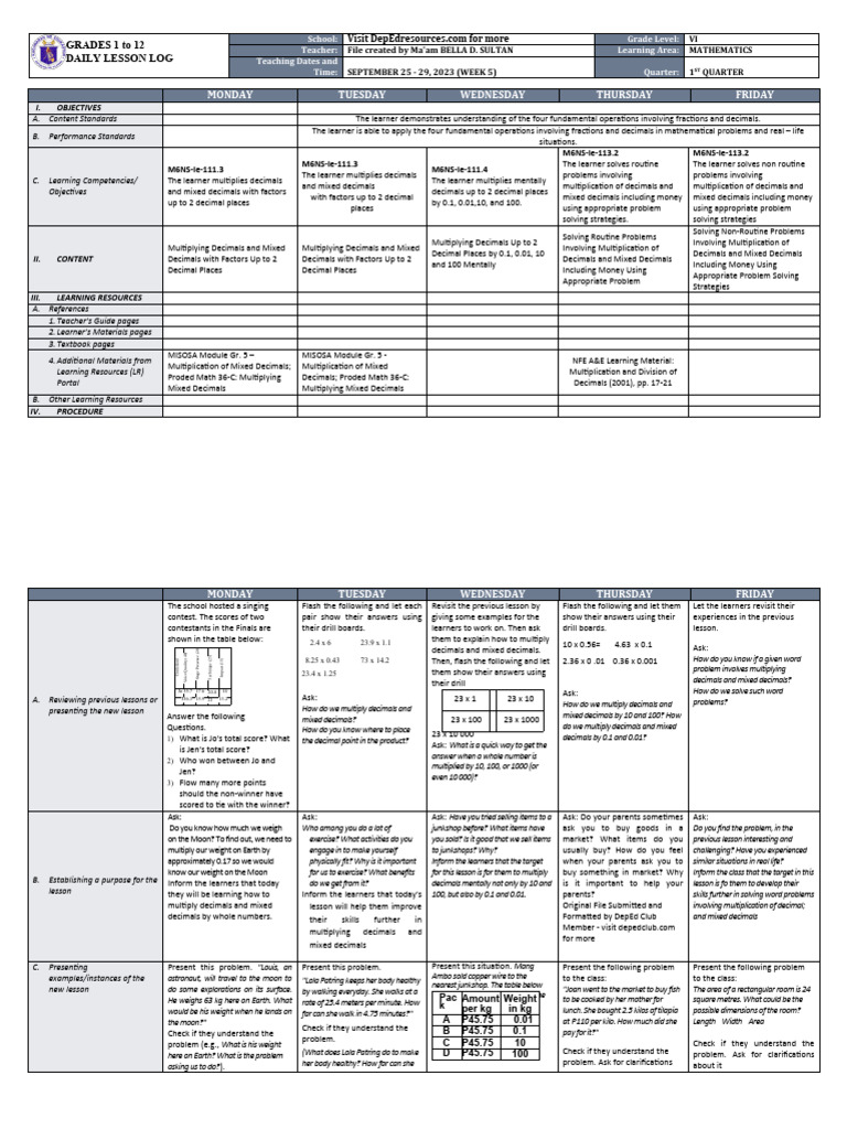 DLL Mathematics-6 Q1 W5 | PDF | Multiplication | Learning