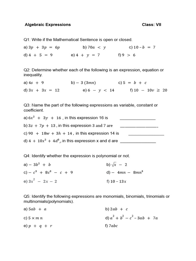 Worksheet Algebraic Expressions | PDF | Mathematics | Algebra