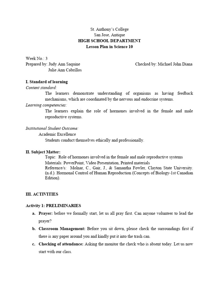 Lesson Plan (The Roles of Hormoes) | PDF | Luteinizing Hormone ...