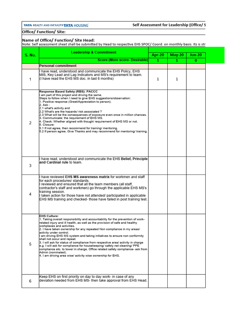 F05.1 Leader Self Assessment | PDF | Regulatory Compliance | Safety