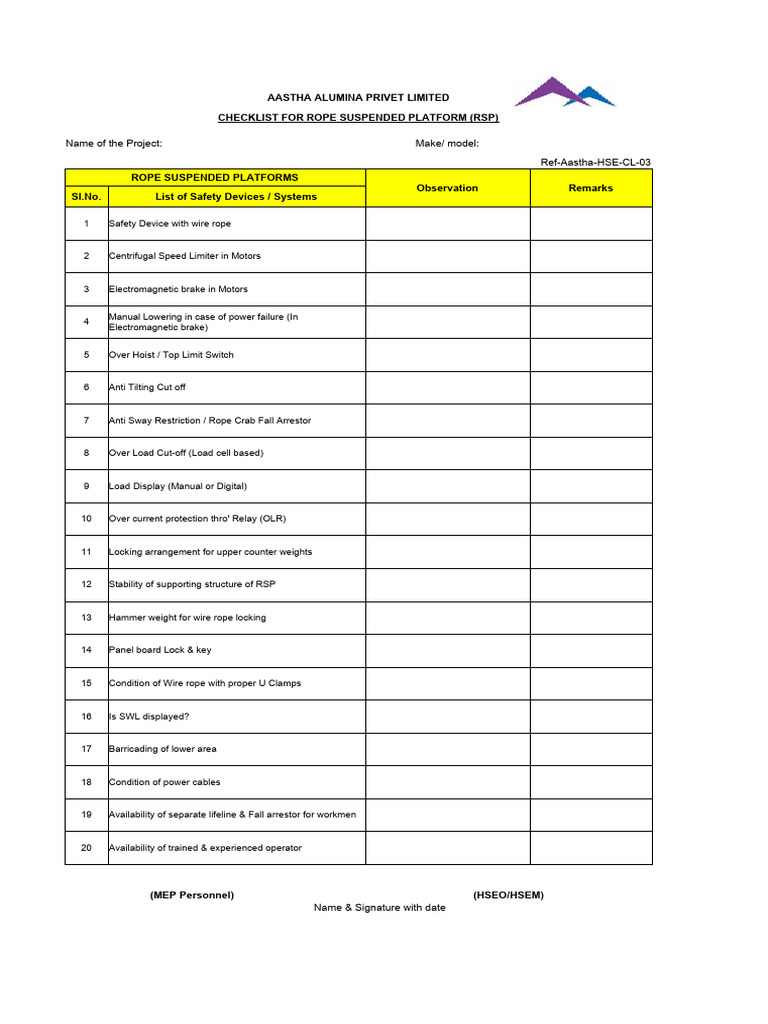 Checklist For Rope Suspended Platform (RSP) | PDF Checklist For Rope Suspended Platform (RSP) | PDF