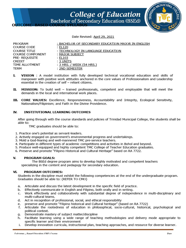 El120 Obe Syllabus - Technology For Teaching and Learning | PDF ... El120 Obe Syllabus - Technology For Teaching and Learning | PDF ...