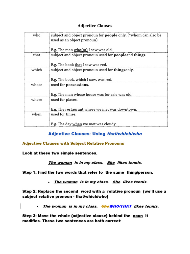 Adjective Clauses Explained with Examples | PDF | Pronoun | Adjective