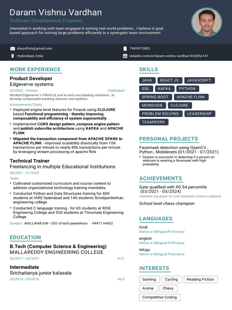 Daram Vishnu Vardhan: Work Experience Skills | PDF | Computer Programming | Apache Spark