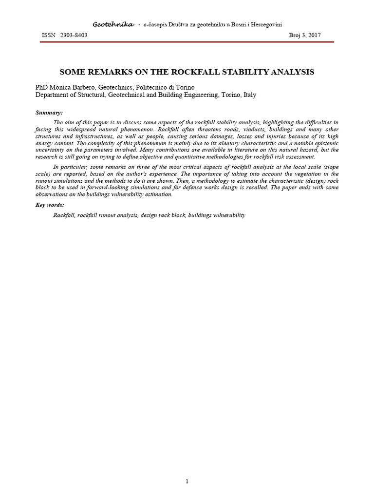 Barbero - 2017 - SOME REMARKS ON THE ROCKFALL STABILITY ANALYSIS | PDF | Risk | Friction
