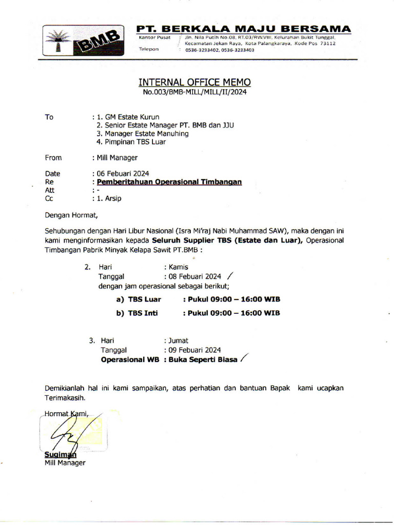 IOM Pemberitahuan Operasional Timbangan 08 Feb 2024 | PDF