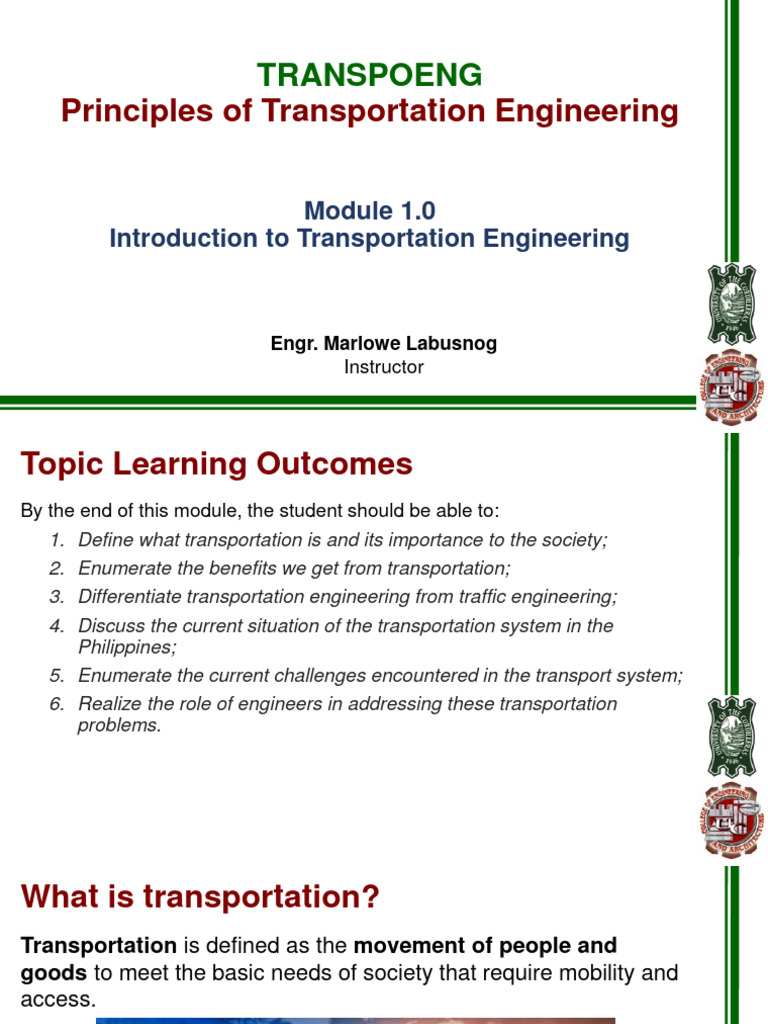 TRANSPOENG Module 1.0 - Introduction To Transportation Engineering ...