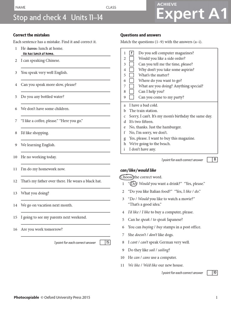 Expert A1 - Stop and Check 4 - Units 11 To 14 | PDF