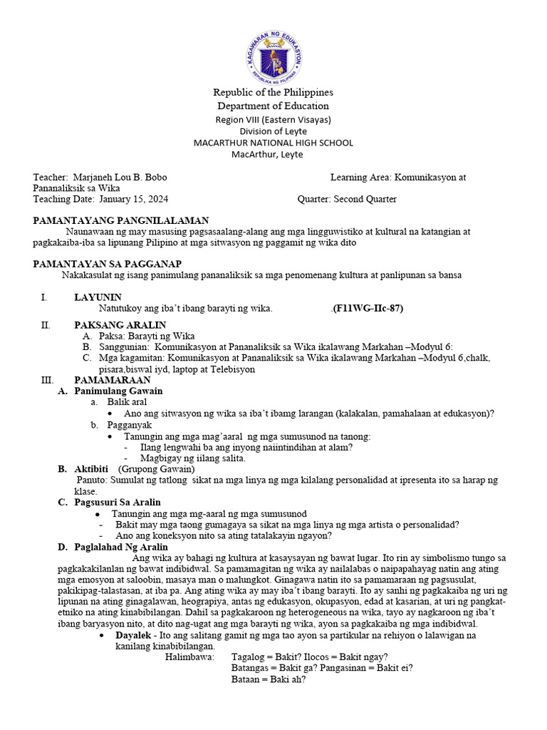 Ibat Ibang Barayti Ng Wika Lp_090230 | PDF