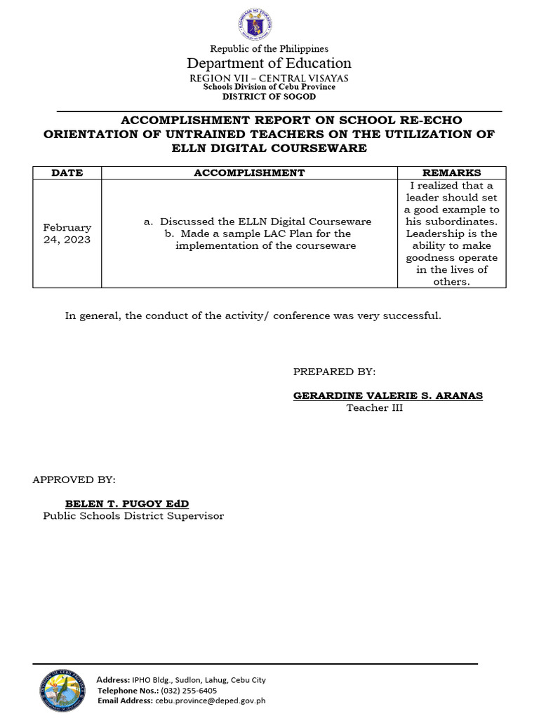 Accomplishment Report Elln | PDF