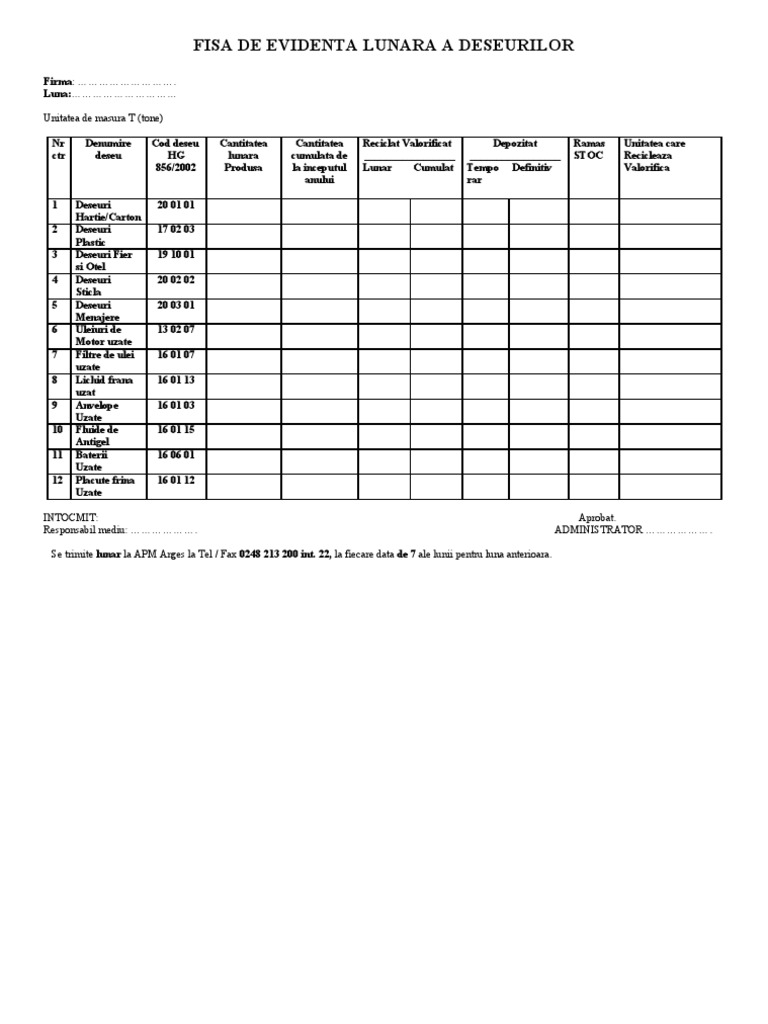 Fisa de Evidenta Lunara a Deseurilor